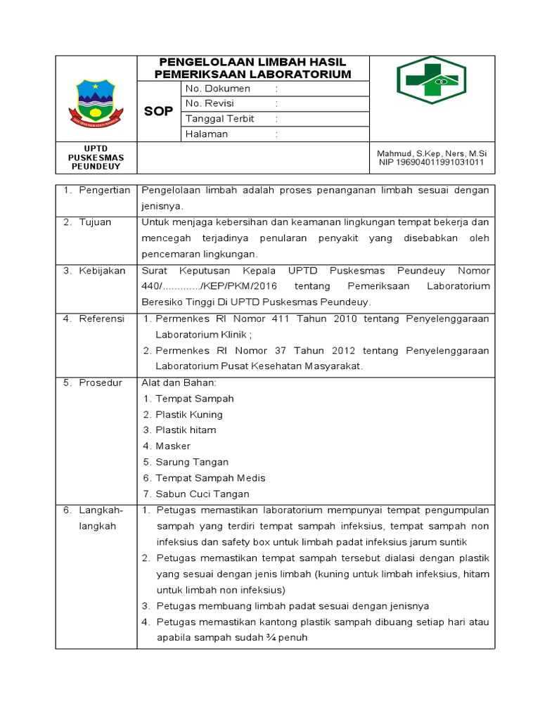 Sop Pengelolaan Limbah Hasil Pemeriksaan Laboratorium Pdf - Riset