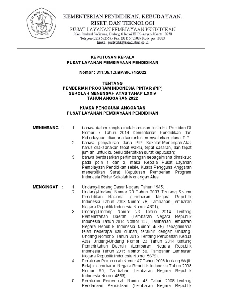 SK Pip Sma Tahap 74 Tahun 2022 | PDF