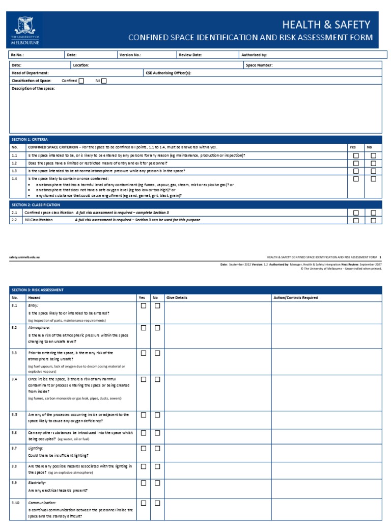 Confined Space Identification and Risk Assessment Form | PDF