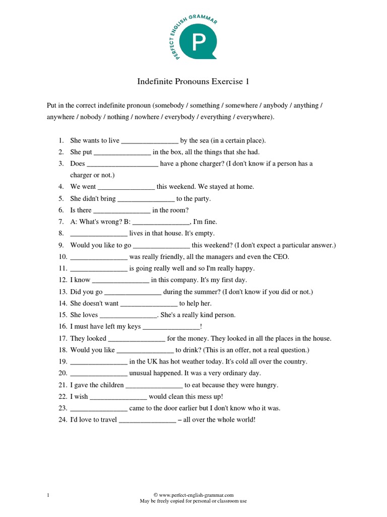 Indefinite Pronouns Exercise 1 | PDF