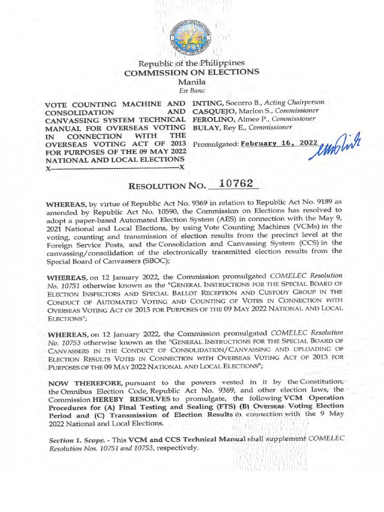 COMELEC Resolution 10762 (2022) | PDF