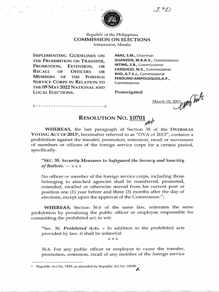 COMELEC Resolution 10701 (2022) | PDF