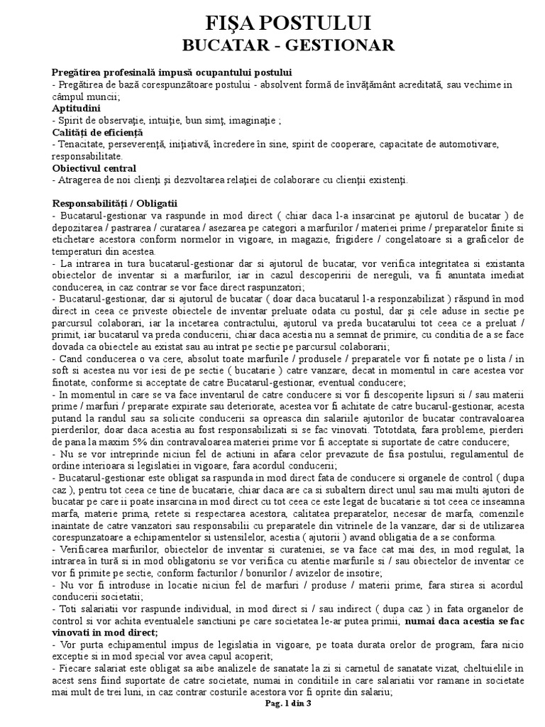 Fisa Postului BUCATAR - GESTIONAR - 2020 | PDF