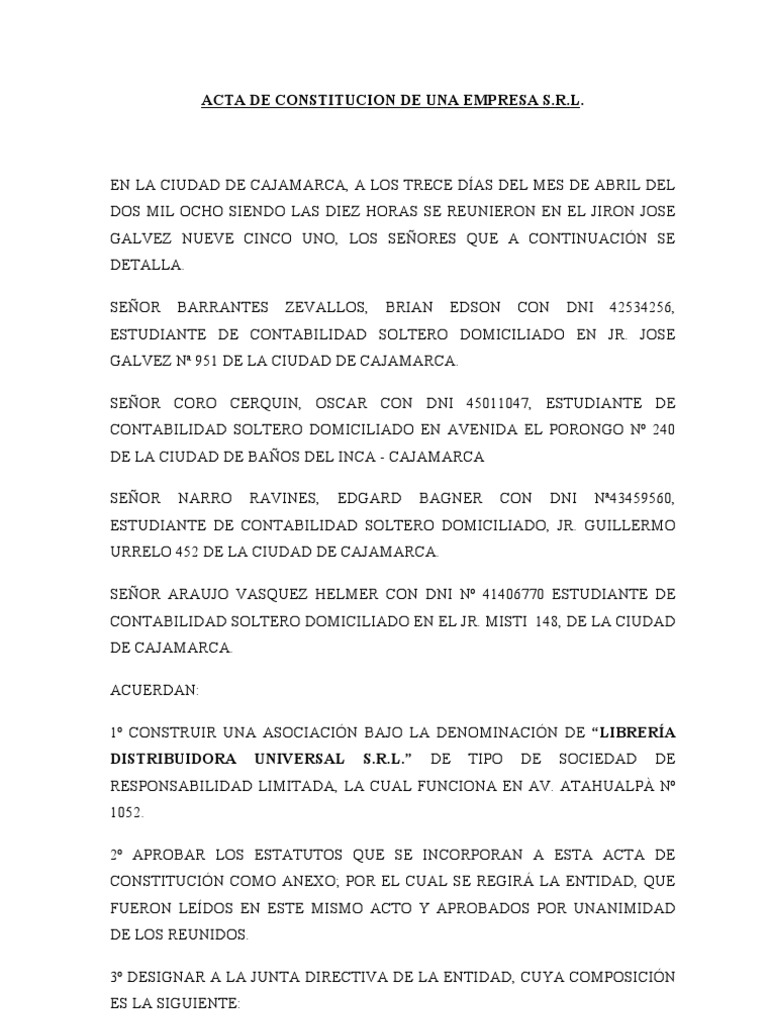 Acta de Constitucion de Una Empresa s