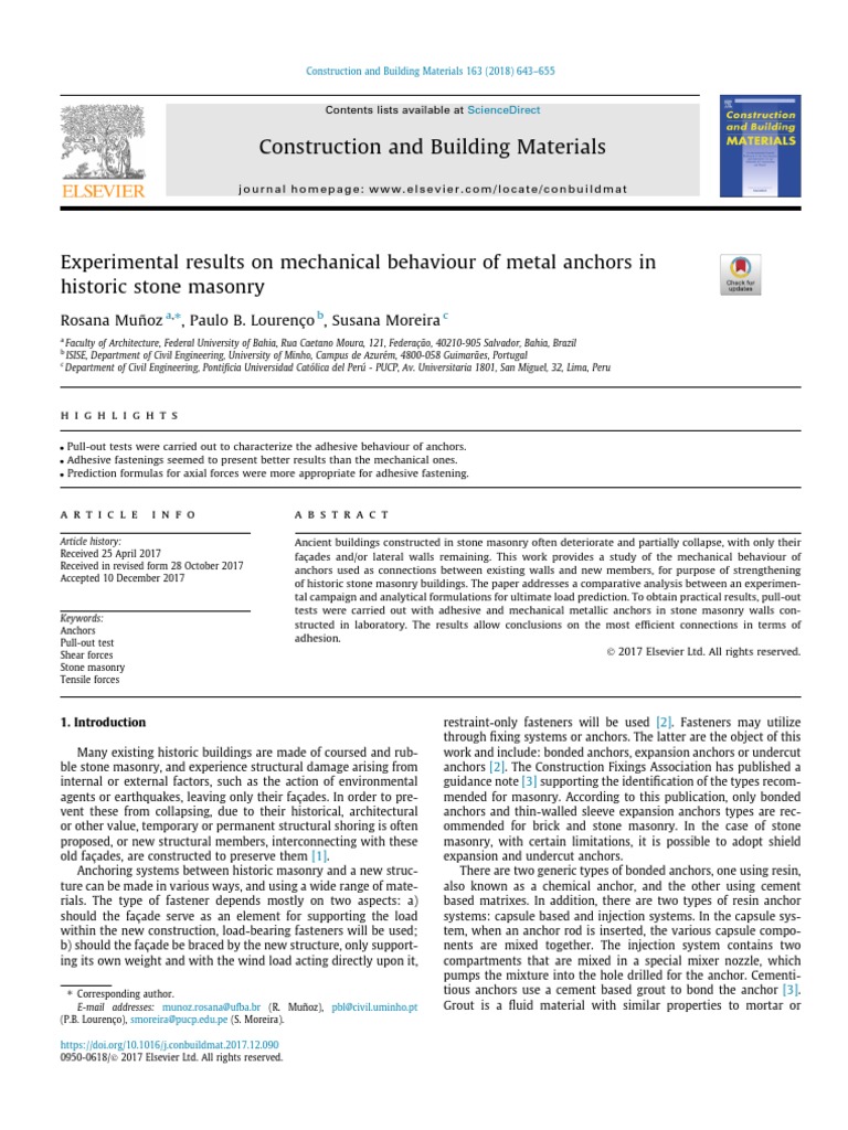 Experimental Results On Mechanical Behaviour of Metal Anchors in ...