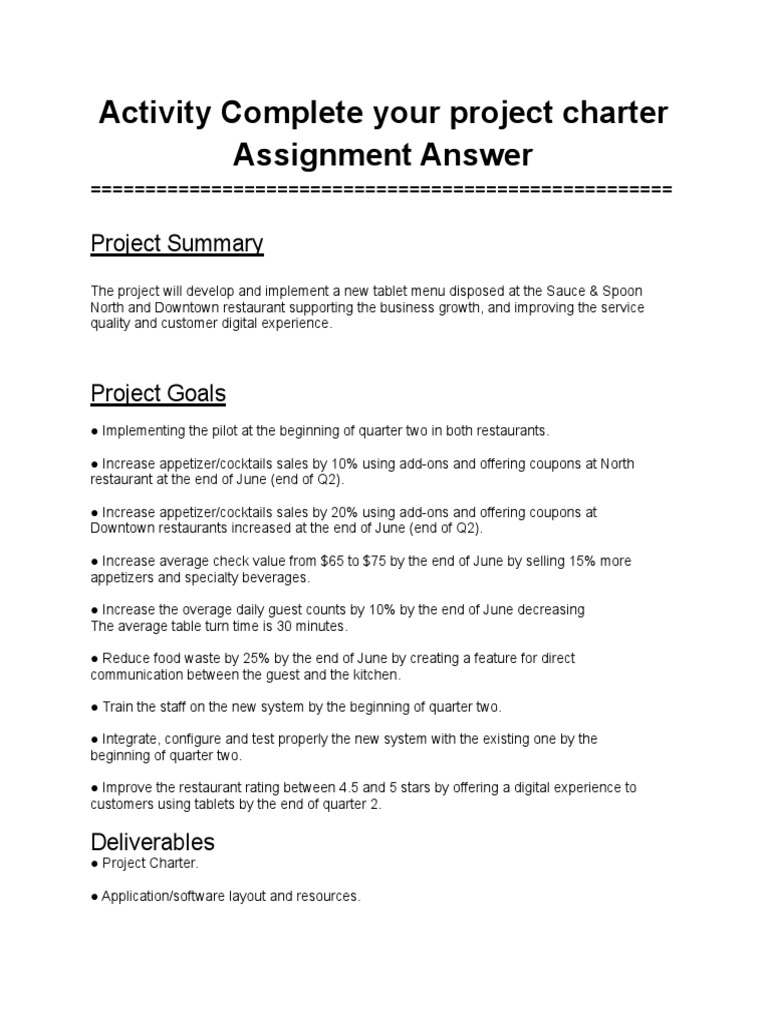 Activity Complete Your Project Charter Assignment Answer | PDF | Menu ...