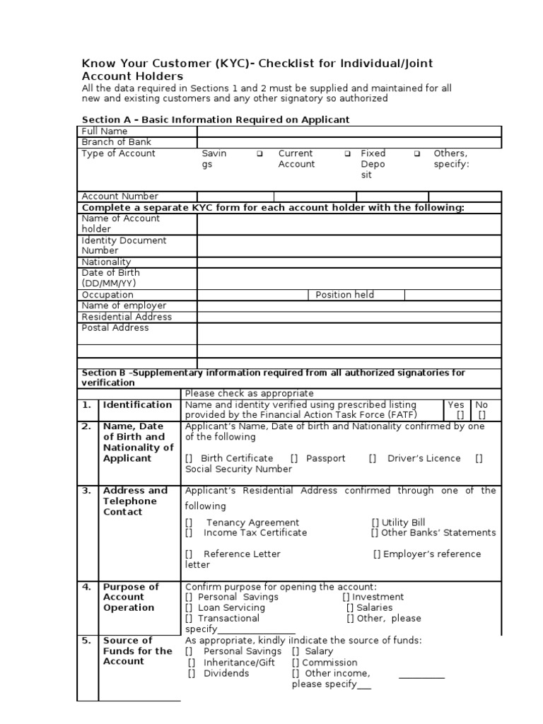 Kyc Checklist For Individual Accounts Pdf Identity Document