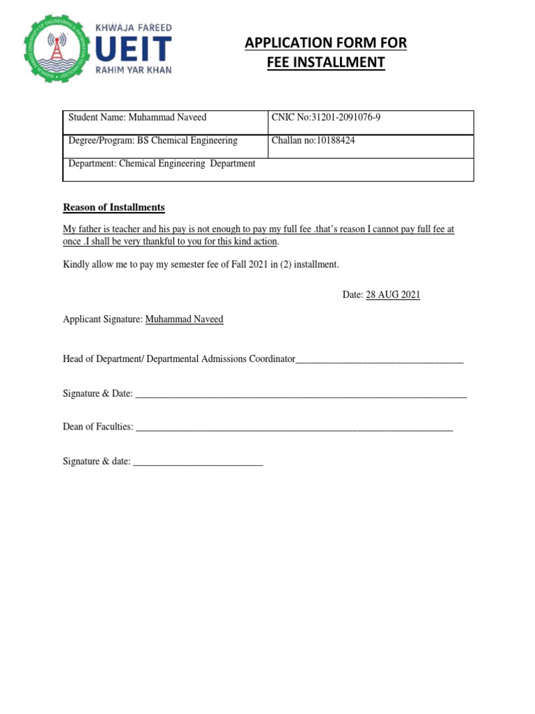 Fee Installment Performa | PDF