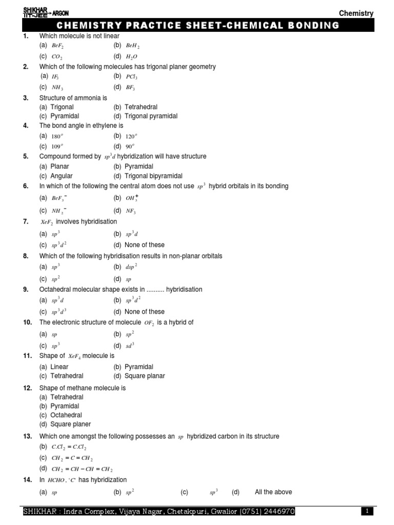 Practice Sheet - CHEMICAL BONDING | PDF | Applied And Interdisciplinary Physics | Chemistry