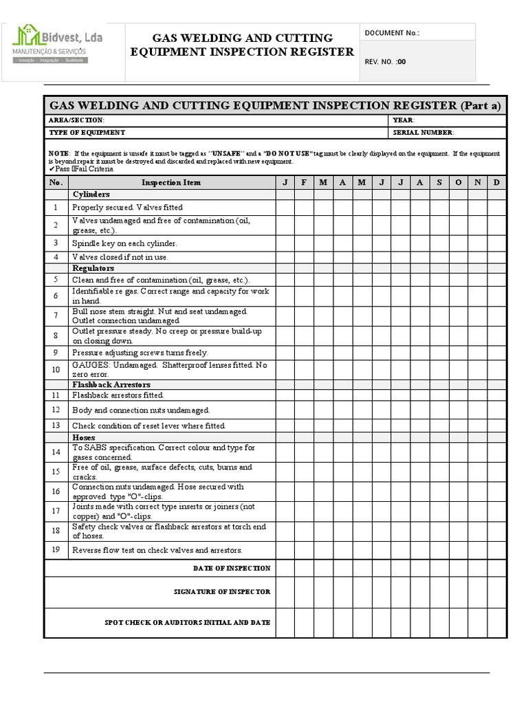 Gas Welding & Cutting Equipment Inspection Register | PDF Gas Welding & Cutting Equipment Inspection Register | PDF