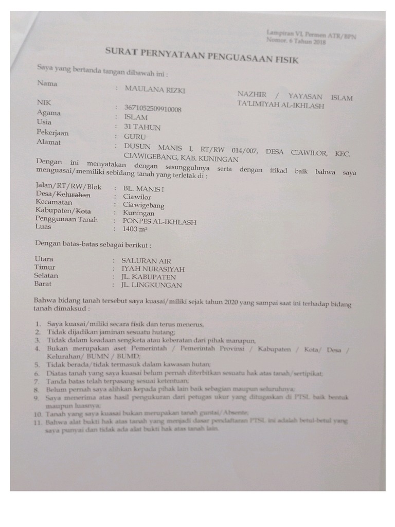 Contoh Surat Pernyataan Fisik Sertipikat | PDF