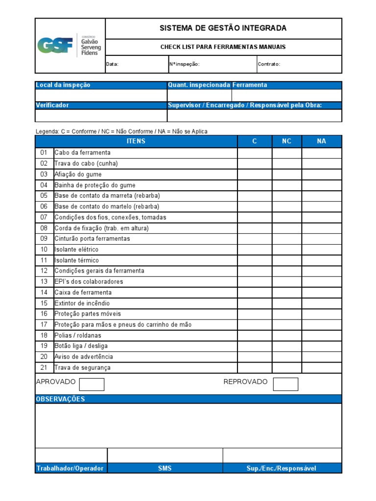 FS-076 - Rev 0 - Check List para Ferramentas Manuais | PDF FS-076 - Rev 0 - Check List para Ferramentas Manuais | PDF