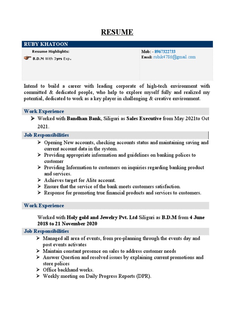 Ruby Khatoon: BDM Resume with 3 Years Experience | PDF | Career & Growth | Business