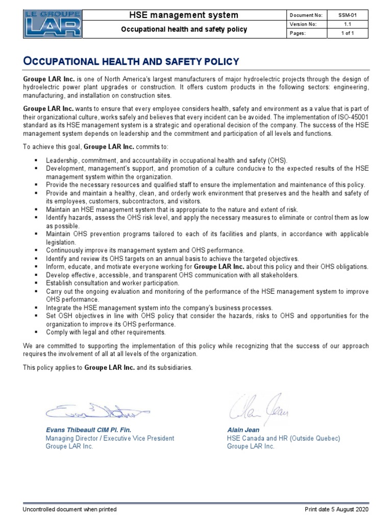 Occupational Health and Safety Policy | PDF