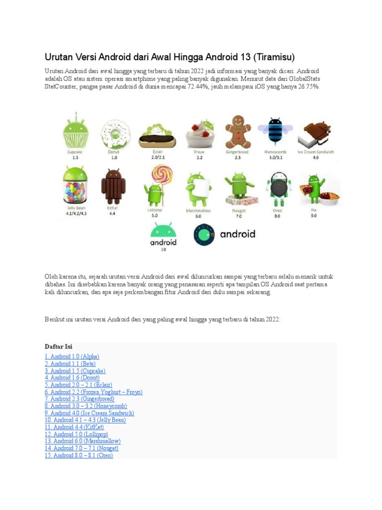 Urutan Versi Android Dari Awal Hingga Android 13 | PDF
