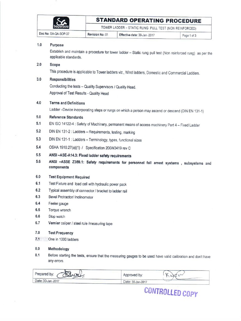 Sop 37 Ladder Rung Static Pull Test (Non Reinforced Rung) Procedure | PDF