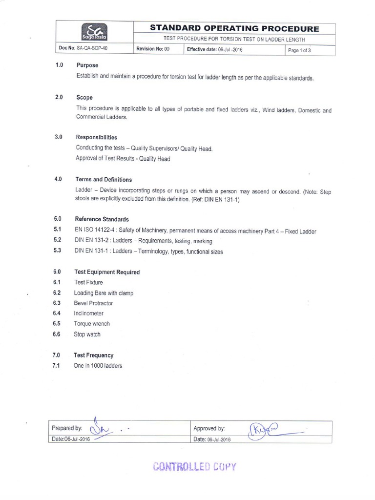 Sop 40 Torsion Test For Ladder Length | PDF