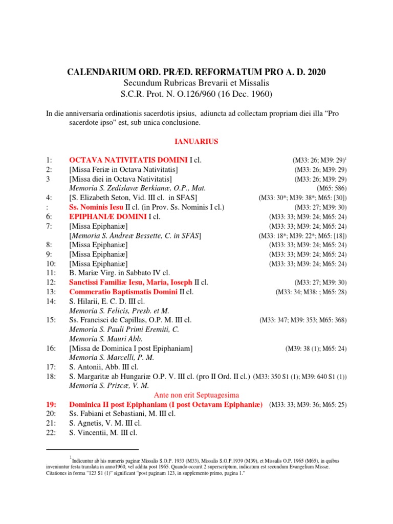 Calendarium Ord. Præd. Reformatum Pro A. D. 2020 | PDF