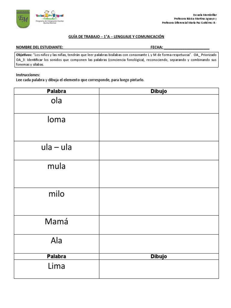 Guia Lectura de Palabras Bisilabas M - L | PDF