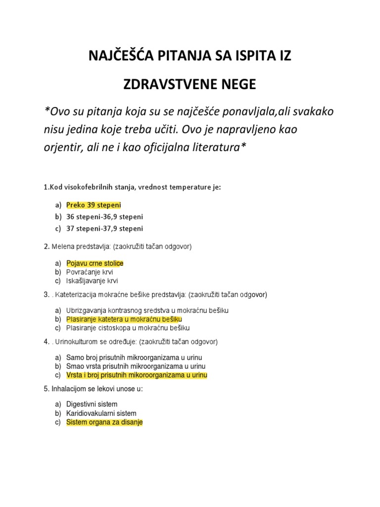 Najčešća Pitanja Sa Ispita Iz Zdravstvene Nege | PDF