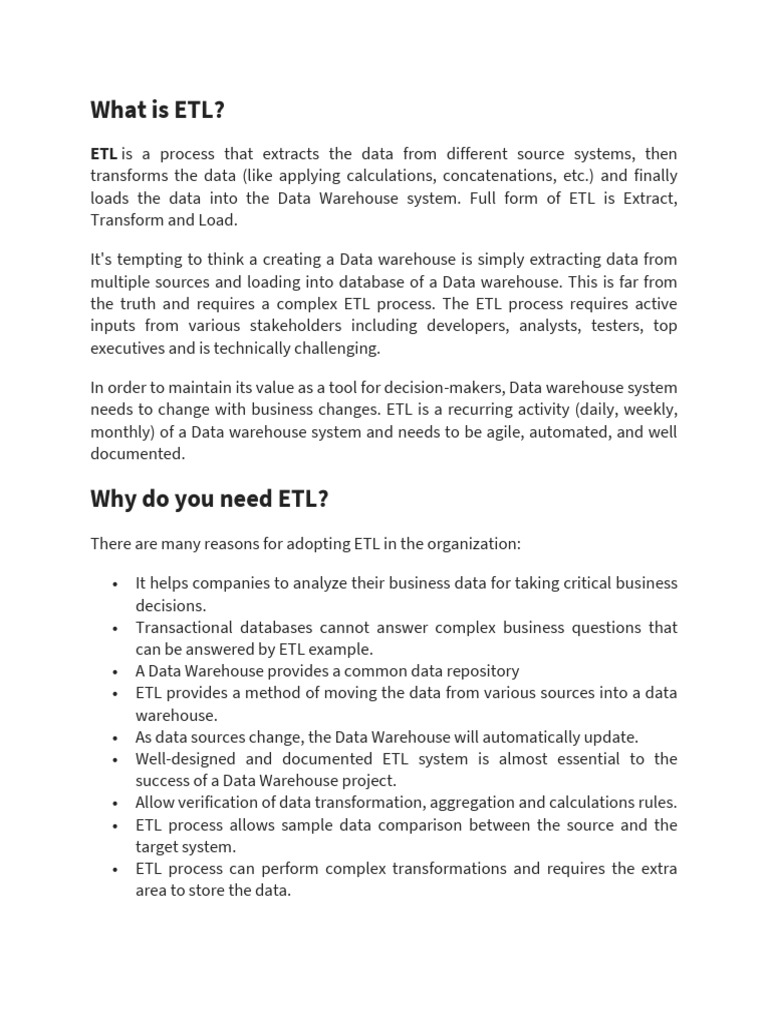 What Is ETL?: ETL Is A Process That Extracts The Data From Different ...