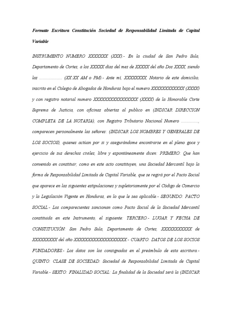 Formato Escritura Constitucion Sociedad de Responsabilidad Limitada de Capital Variable | PDF ...