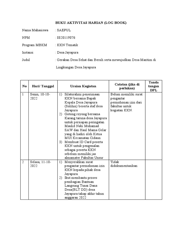 Log Book Kegiatan KKN Desa Jayapura | PDF
