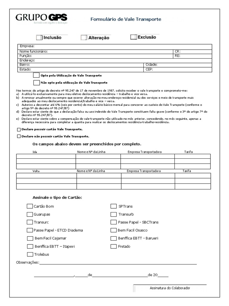Formulário de Vale Transporte - Atualizado | PDF