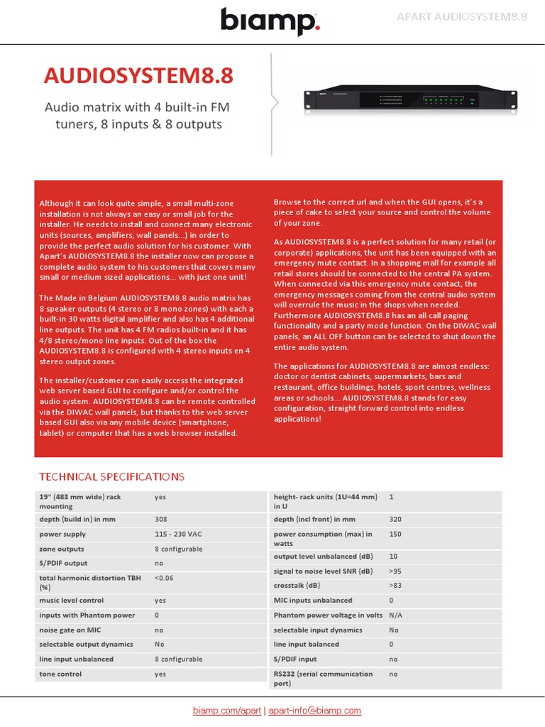 Biamp Data Sheet Audiosystem8-8 Sep20 | PDF | Microphone | Signal To ...