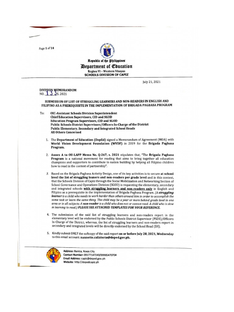 Submission of List of Struggling Learners and Non - Readers in English ...