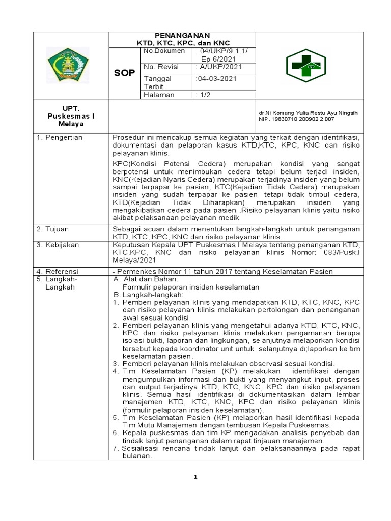 9.1.1f Sop Penanganan KTD, KTC, KPC, KNC 2021 | PDF