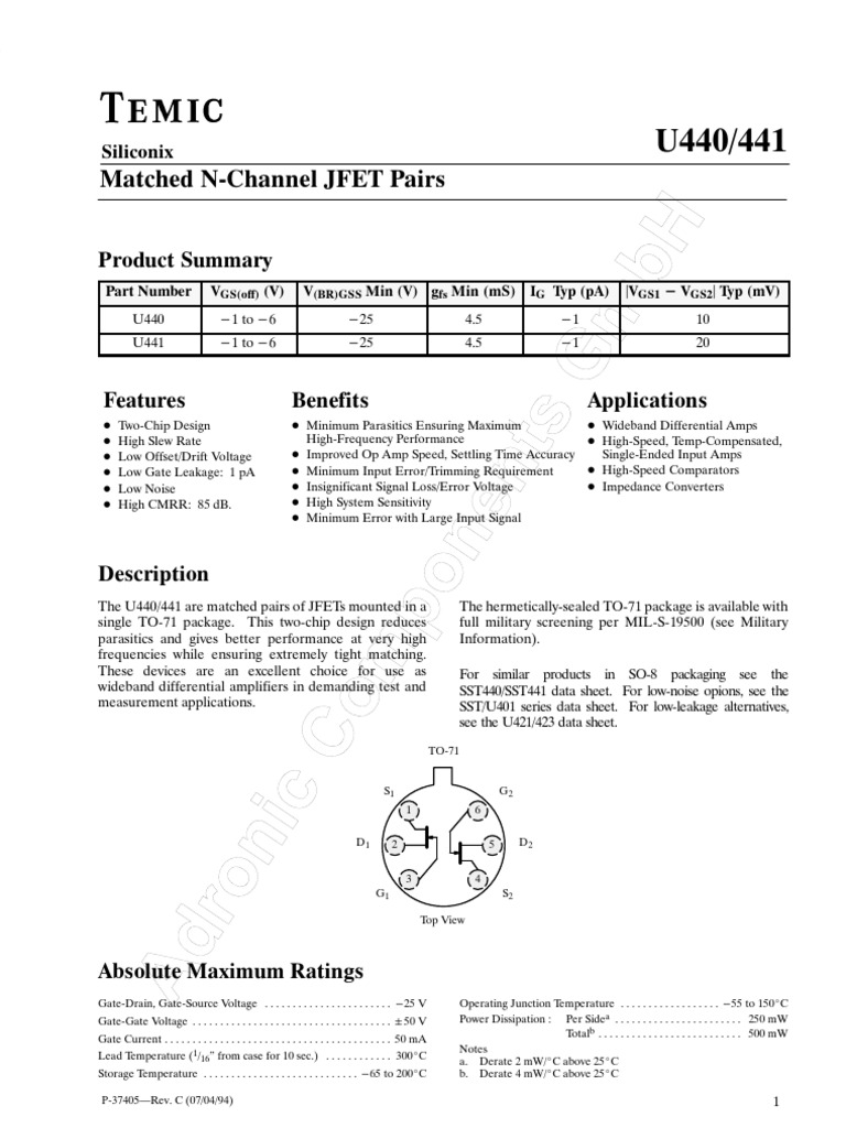 U440/441 - Matched N Channel JFET Pairs | PDF | Field Effect Transistor ...