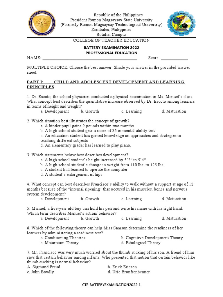 Republic of the Philippines Battery Exam 2022 | PDF | Perception ...