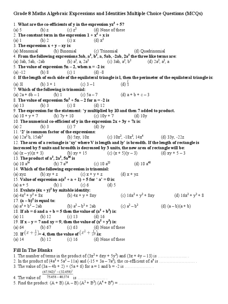 Grade 8 Maths Algebraic Expressions and exponents MCQ | PDF ...