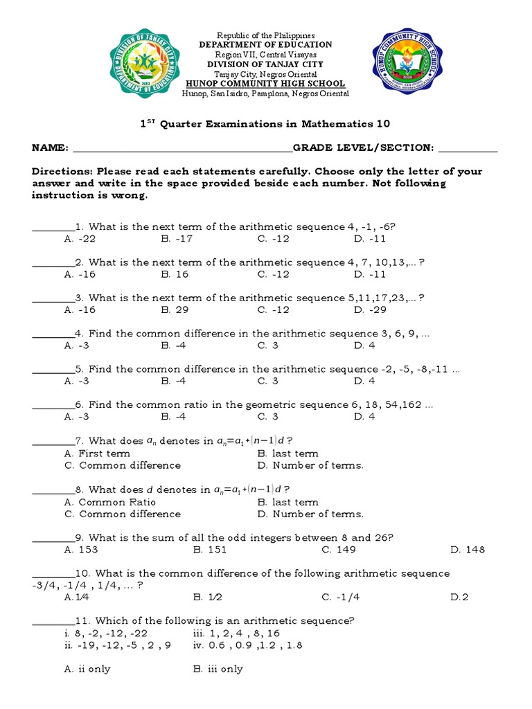 G10 Q1 Periodical Test 2022-2023 | PDF | Mathematical Structures ...