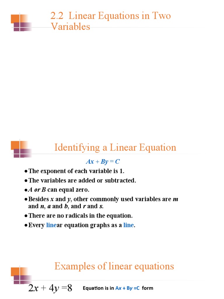 Linear Equations in Two Variables: Identifying Standard Form, Finding ...