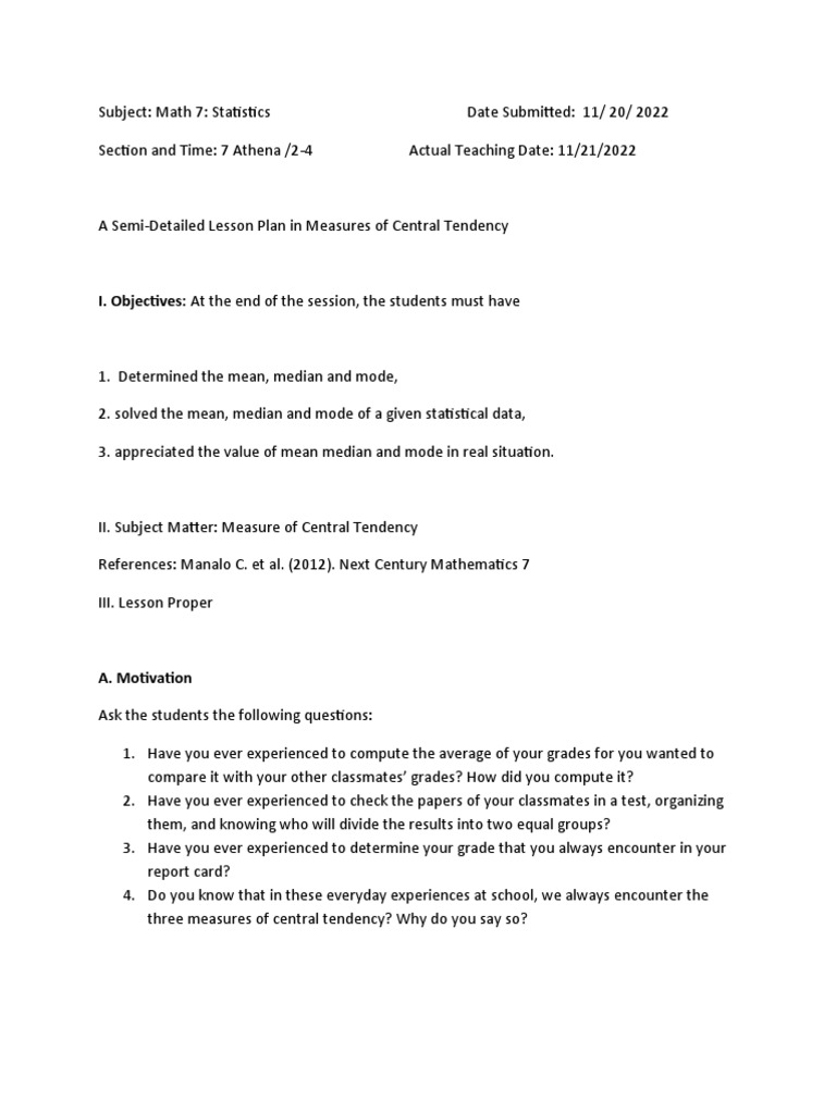 Lesson Plan | PDF | Median | Mean