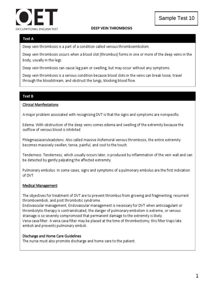 OET Reading Sample Test 10 - Deep Vein Thrombosis | PDF | Thrombosis ...
