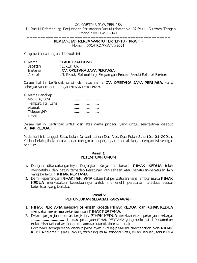 Surat Perjanjian Kerja Waktu Tertentu PKWT | PDF