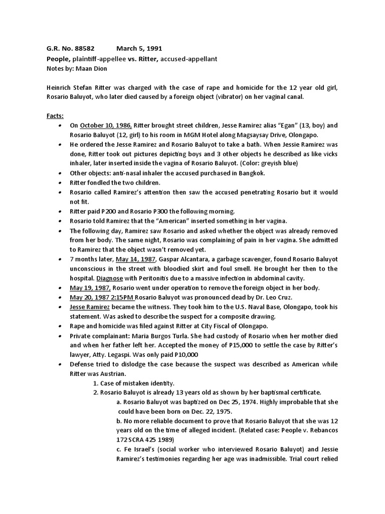 CASE 7 People Vs Ritter - GR 88582 - 1991 | PDF | Criminal Law | Justice