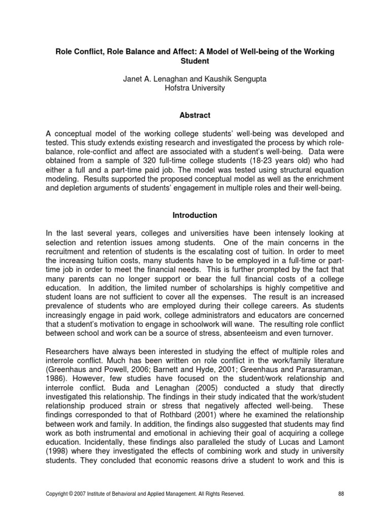 Role Conflict Role Balance and Affect A Model of Well Being of The ...
