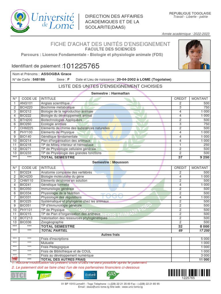 Fiche D'Achat Des Unités D'Enseignement: Identifiant de Paiement | PDF ...