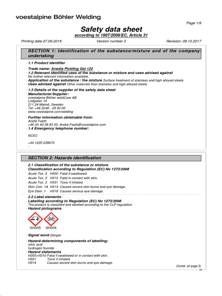 MSDS - Avesta Pickling Gel 122 | PDF | Toxicity | Dangerous Goods