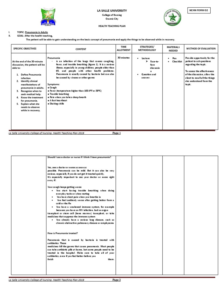 Health Teaching Plan | PDF | Pneumonia | Chronic Obstructive Pulmonary ...