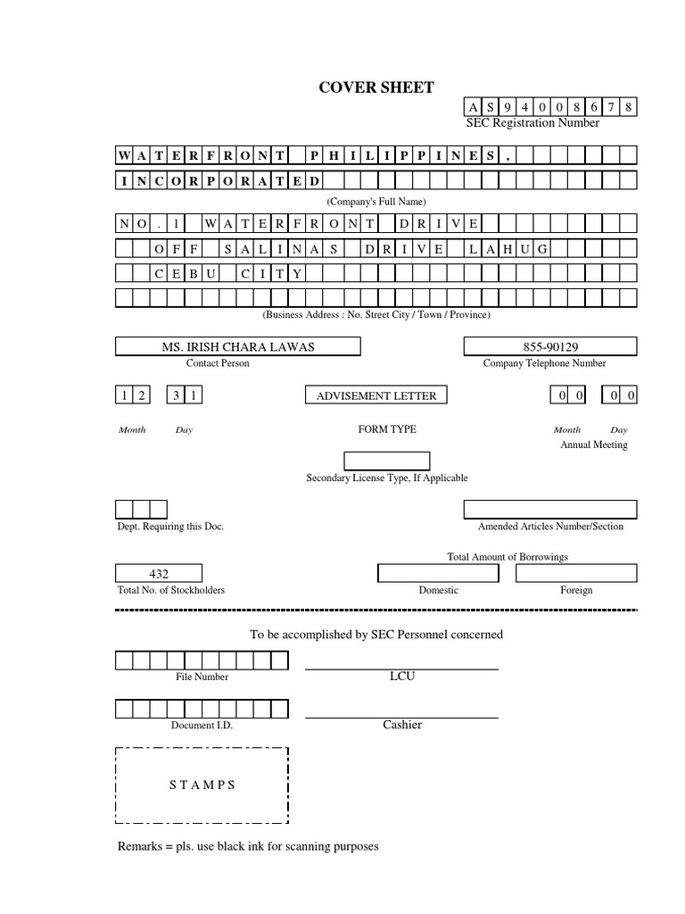 Waterfront Phils, Inc - Advisement Letter For Corporate Governance ...