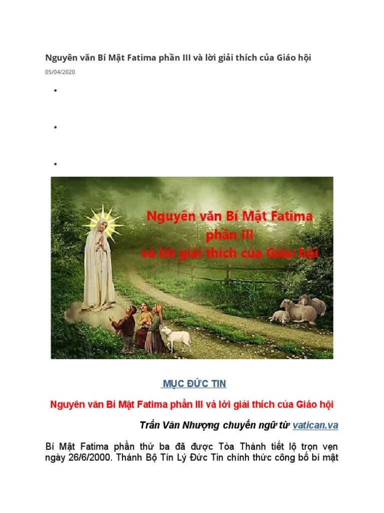 Bí Mật Fatima phần III và lời giải thích của Giáo hội | PDF