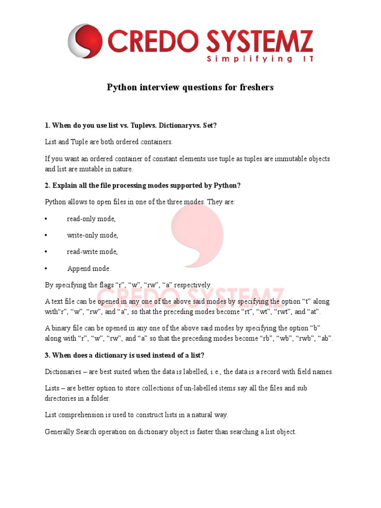 Python Interview Questions For Freshers Docx 1 Pdf Class Computer Programming Variable