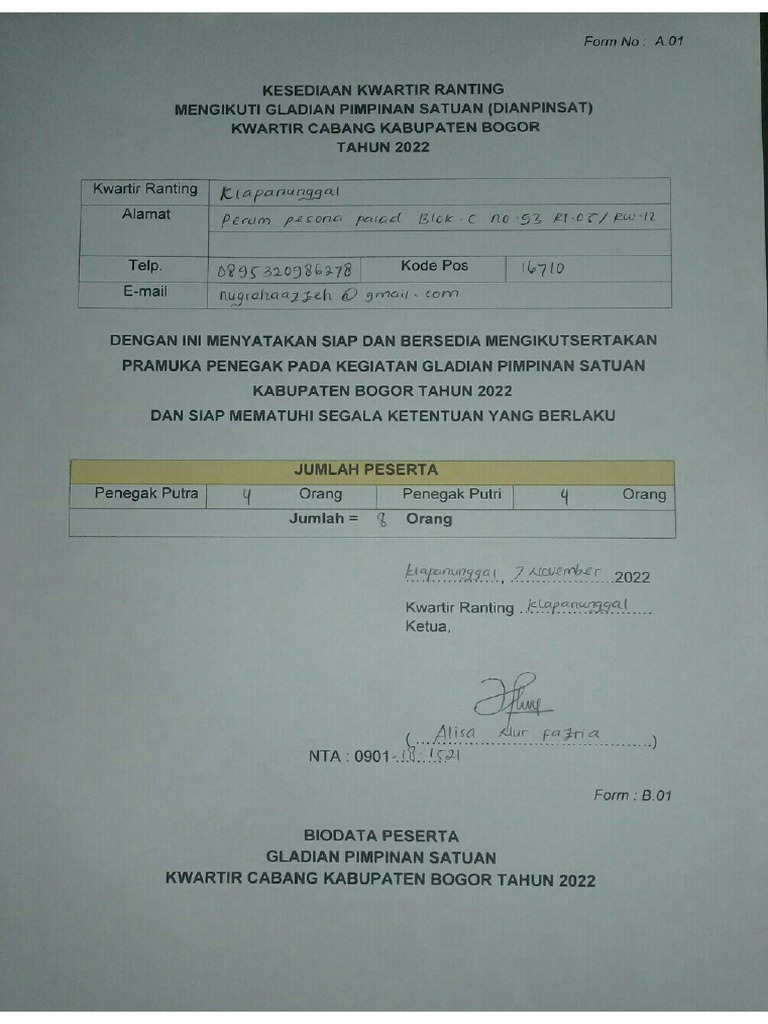 Surat Kesediaan Kwartir Ranting | PDF