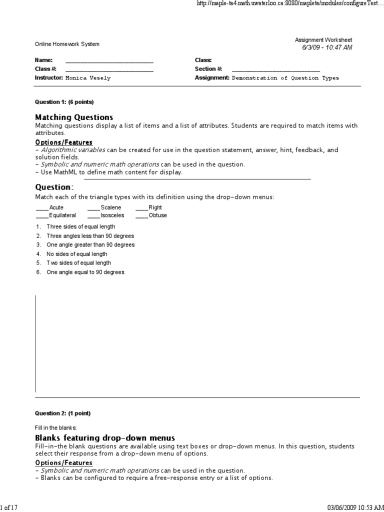 Examples of Most MapleTA Question Types | PDF | Matrix (Mathematics ...