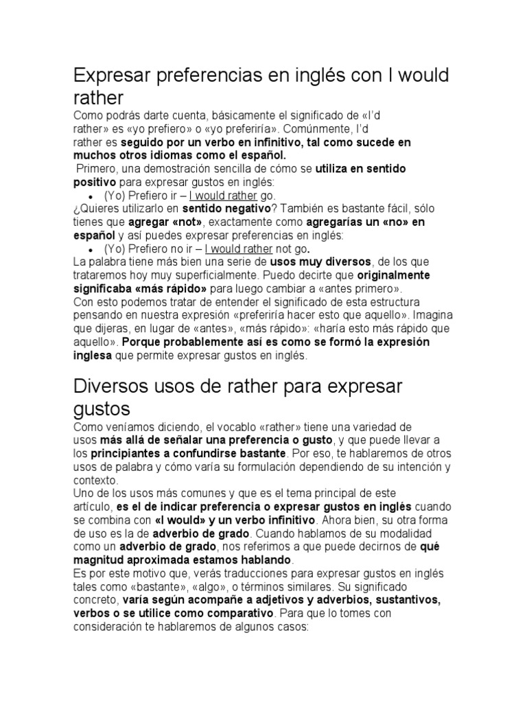 Expresar Preferencias en Inglés Con Would Rather | PDF | Verbo | Adverbio